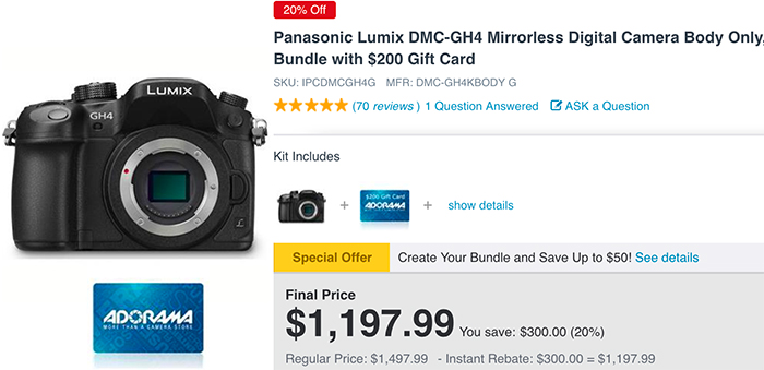 GH4 for $1,200 and with free $200 gift card at Adorama – 43 Rumors