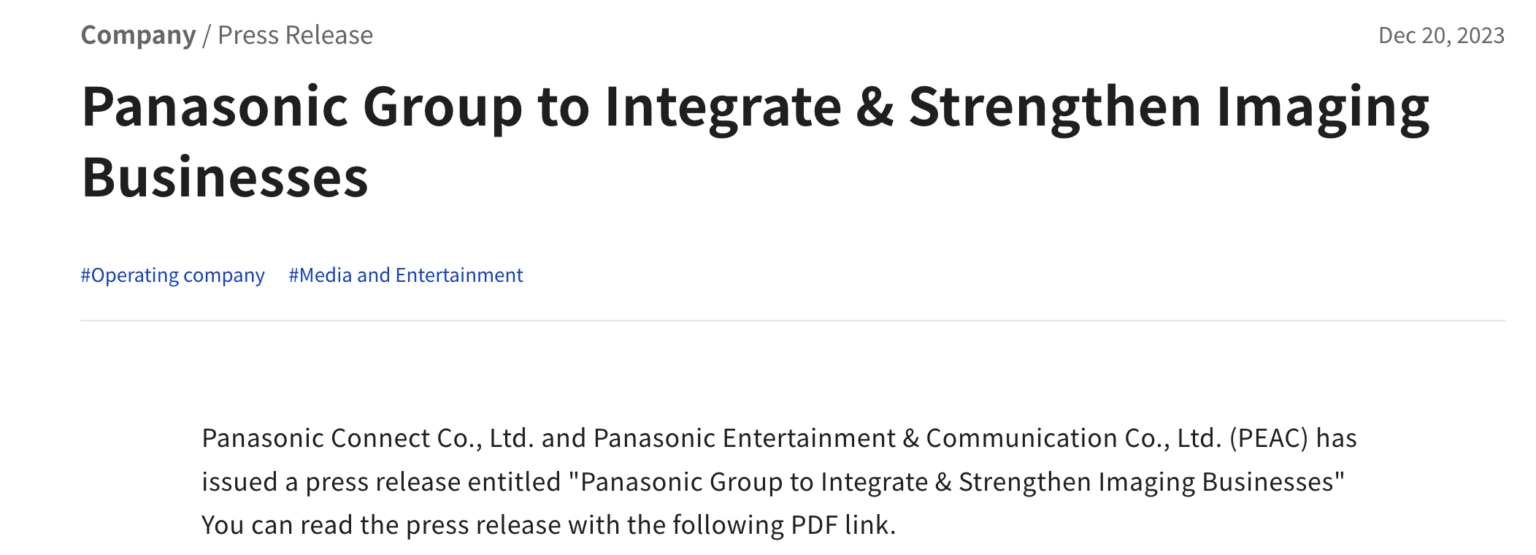 Panasonic is merging the Consumer and Professional Imaging/Video ...